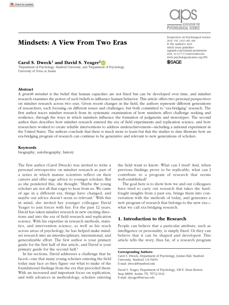 Dweck Yeager Mindset 2019 | Download Free PDF | Mindset | Motivation