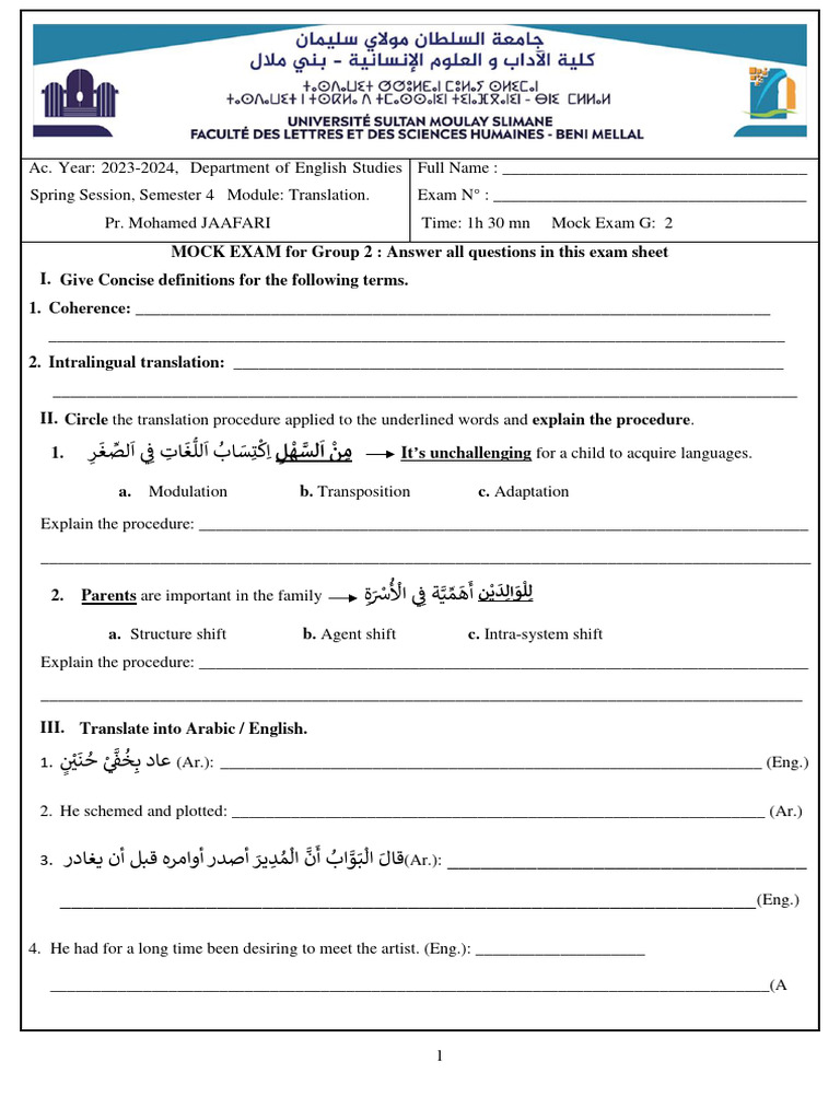 MOCK EXAM Translation Theory&Practice | PDF
