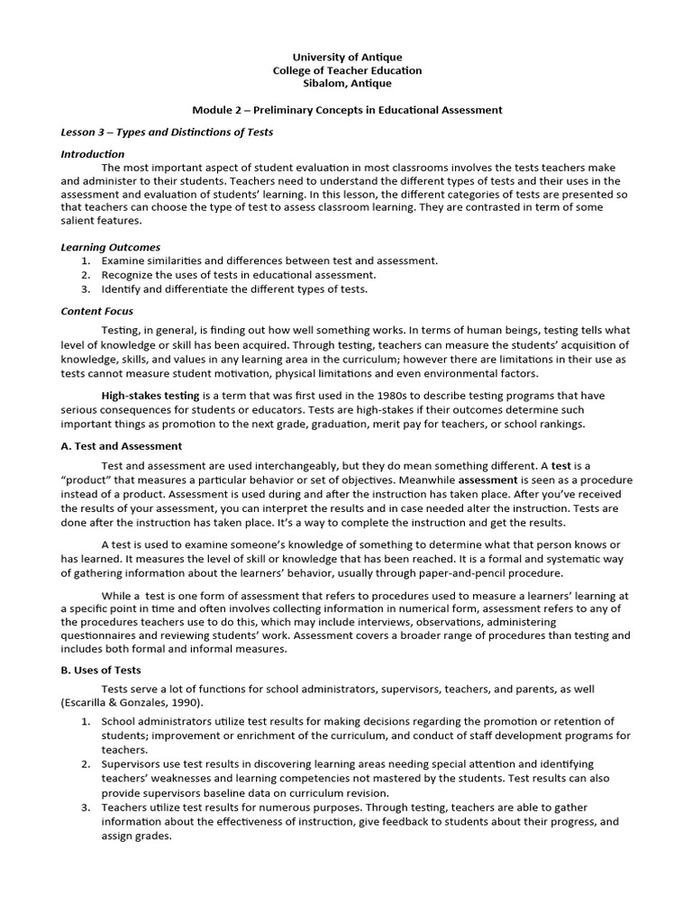 Types of Educational Tests Explained | PDF | Educational Assessment ...