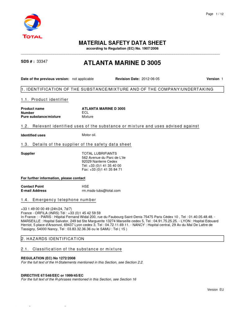 Atlanta Marine D 3005 Safety Data Sheet | PDF | Waste | Waste Management