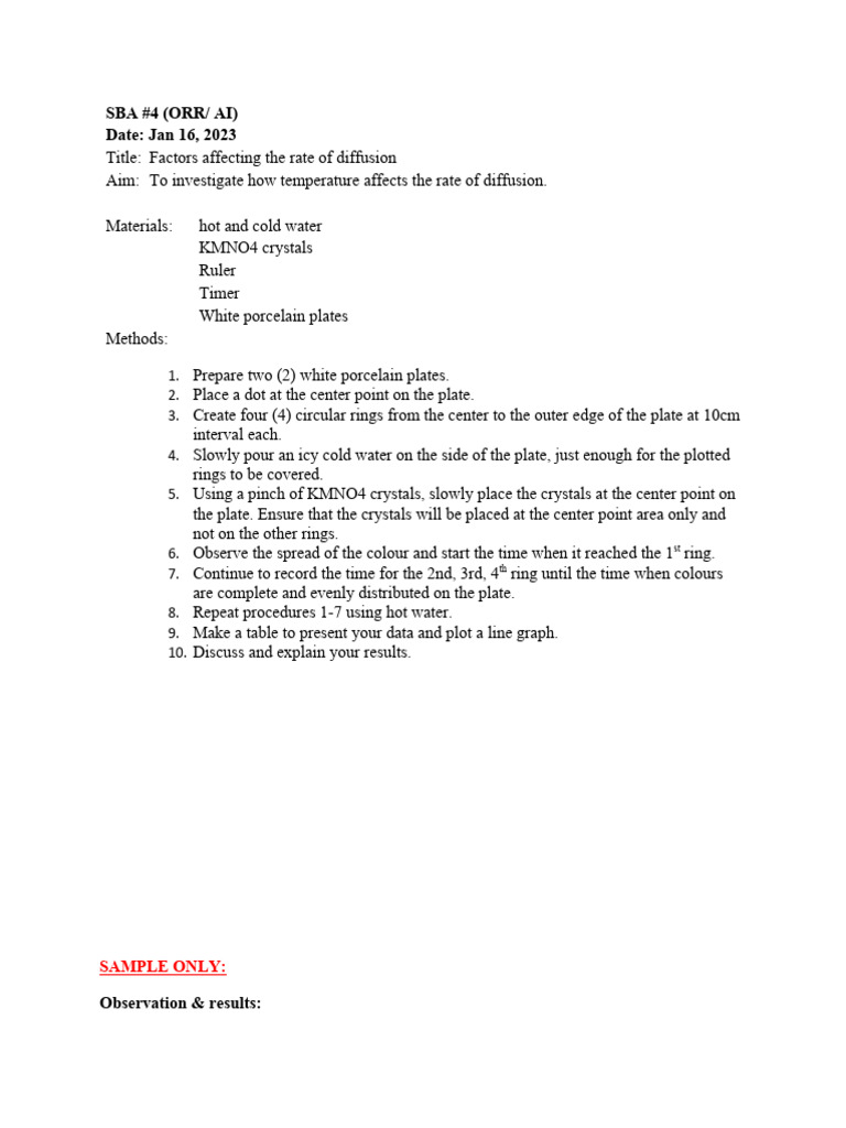 BIO4 SBA 4 Factors affecting the rate of Diffusion (2) | PDF | Diffusion