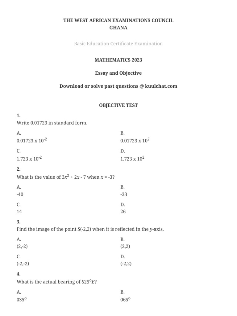 BECE 2023 Mathematics Exam Questions | PDF | Area | Euclidean Geometry