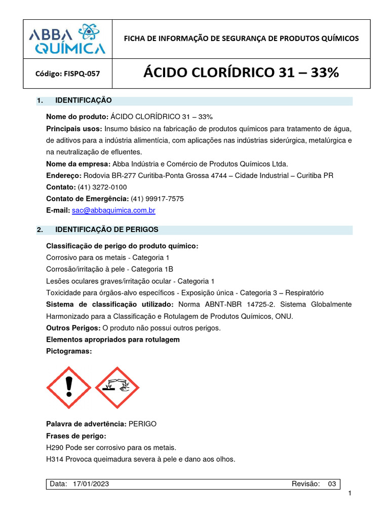 FISPQ 1.1 - ACIDO CLORIDRICO 31-33% REV 03 | Download grátis PDF ...