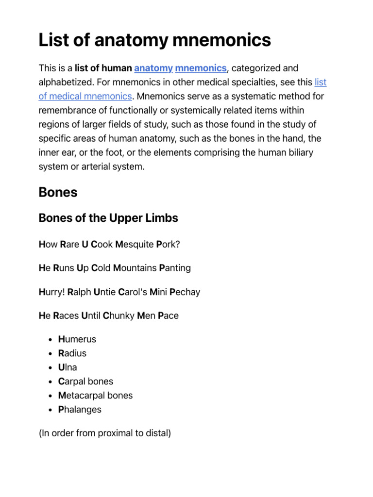 List of Anatomy Mnemonics - Wikipedia | PDF | Aorta | Vertebra