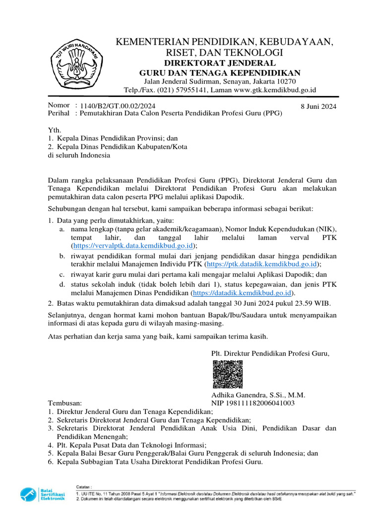 1140 - Surat Pemutakhiran Data Calon Peserta PPG | PDF | Karier ...