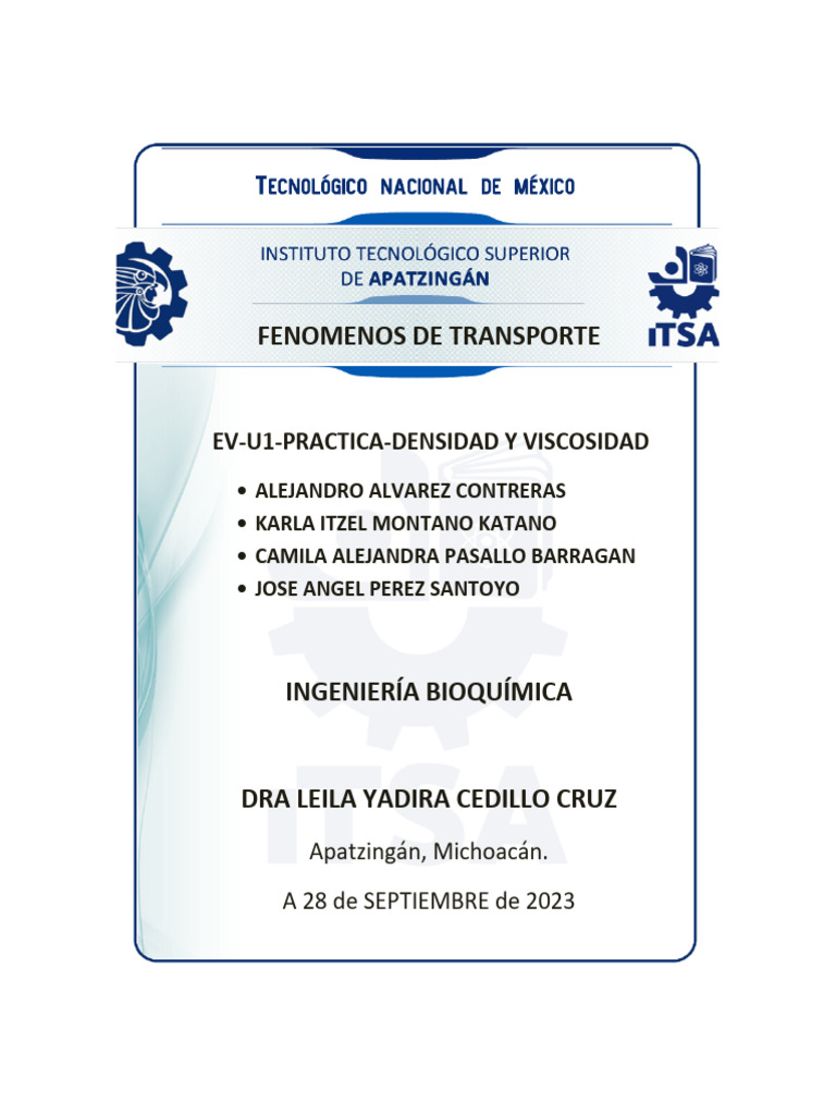 Ev-U1-Practica-Densidad y Viscosidad | PDF | Densidad | Viscosidad