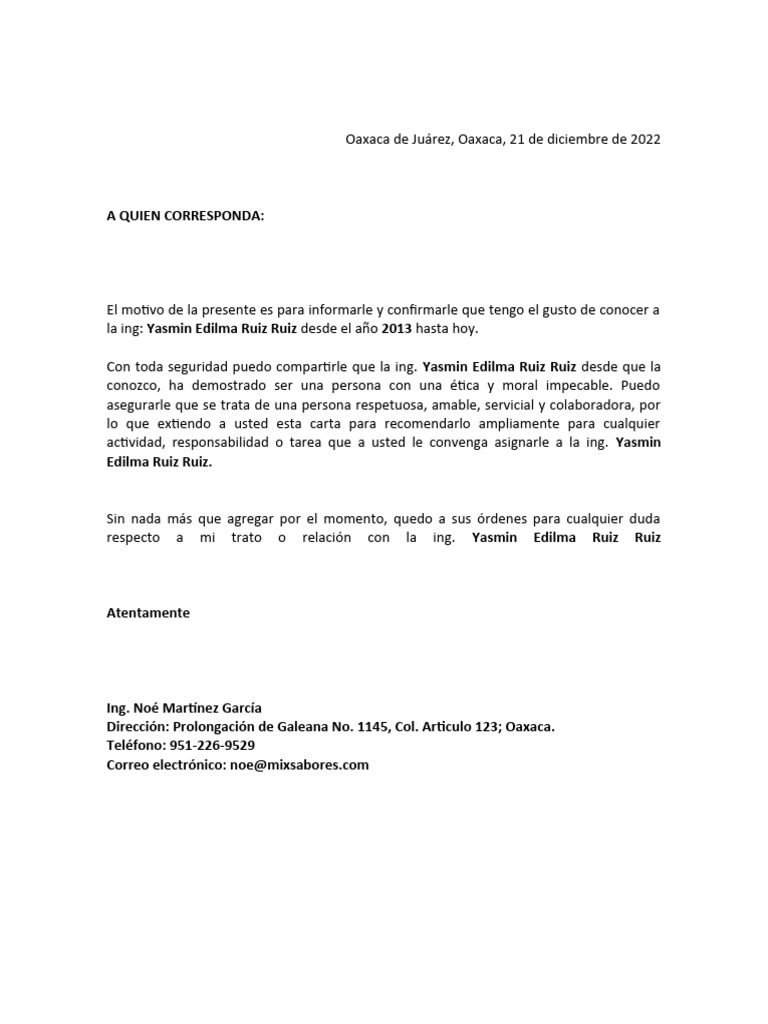 Carta de Recomendacioìn Personal WORD | PDF