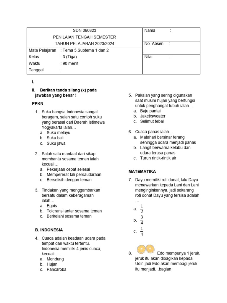 Soal PTS KELAS 3 Hari Ke 1 (Tema 5 Sub 1 2) Kelas 3 SMT 2 | PDF