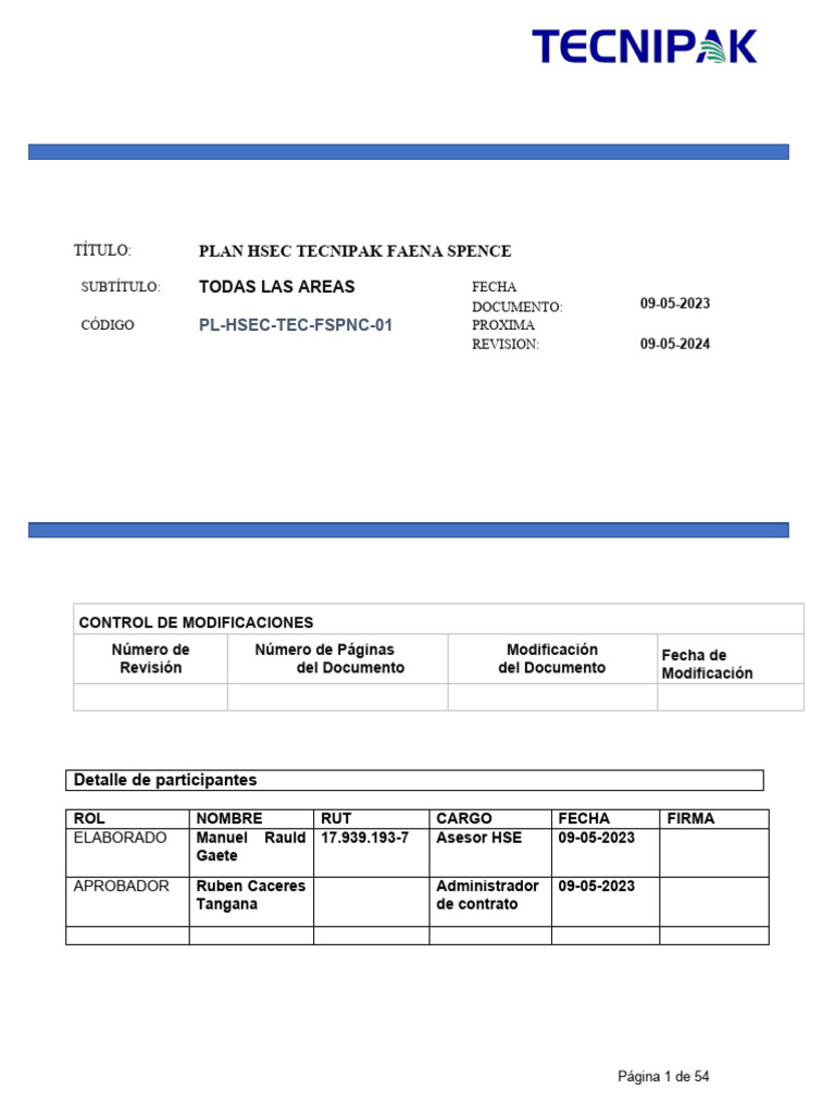 Plan HSEC Tecnipak Faena Spence | PDF