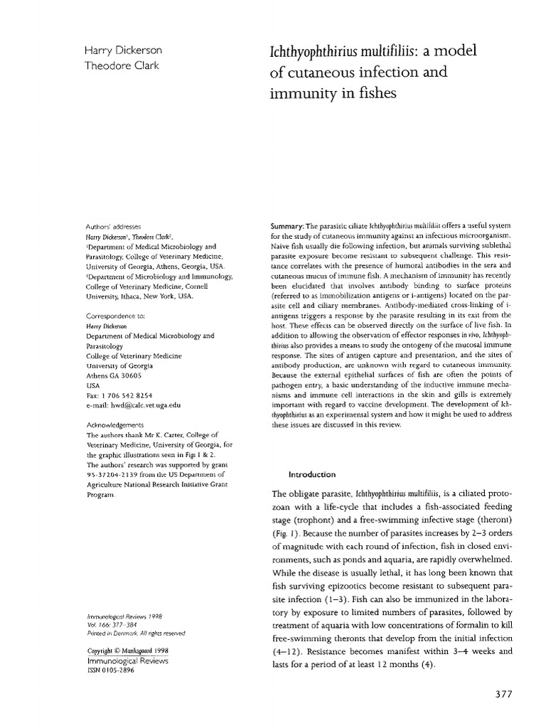 Ichthyophthirius Multifiliis: A Model of Cutaneous Infection and ...