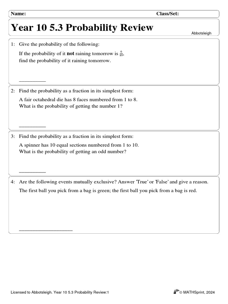 Year 10 5 3 Probability Review | PDF | Probability | Consonant