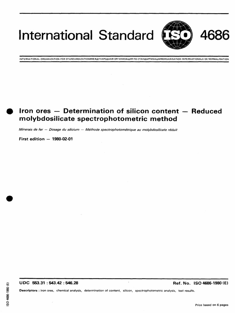 ISO 4686 - 1980 Iron Ores - Determination of Silicon Content - Reduced Molybdosilicate ...