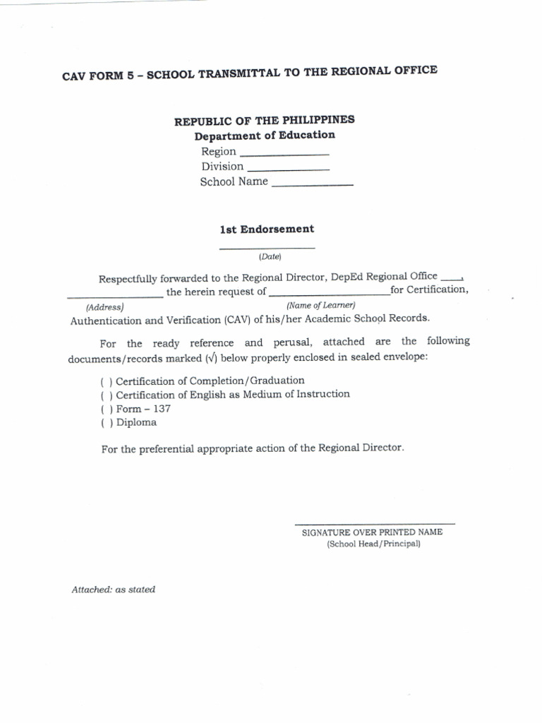 CAV FORM 5 - School Transmittal To The Regional Office | PDF