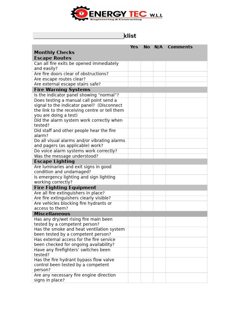 Fire Safety Maintenance Checklist | PDF