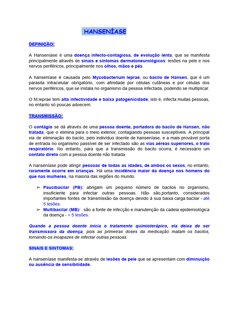Hanseníase - Etiologia, Quadro Clinico | PDF | Lepra | Epidemiologia