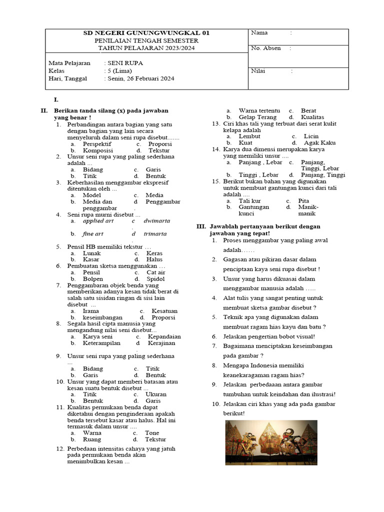 Soal STS Seni Rupa Kelas 5 | PDF