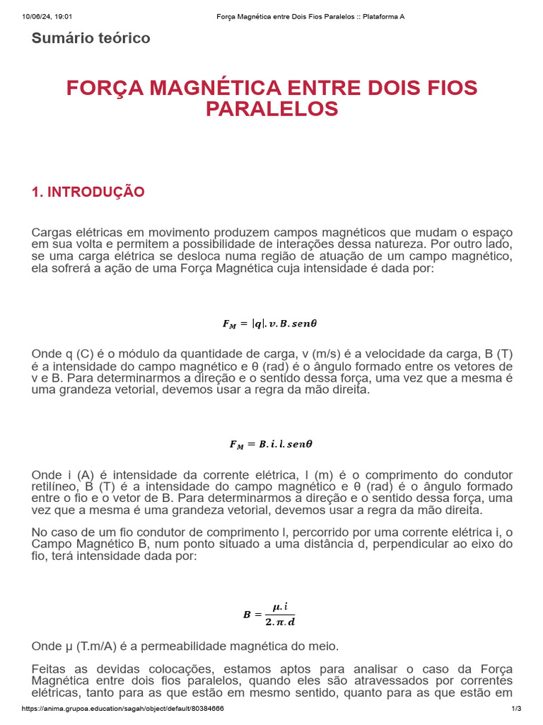 1.2. ELETROMAGNETISMOI - Força Magnética Entre Fios Paralelos ...