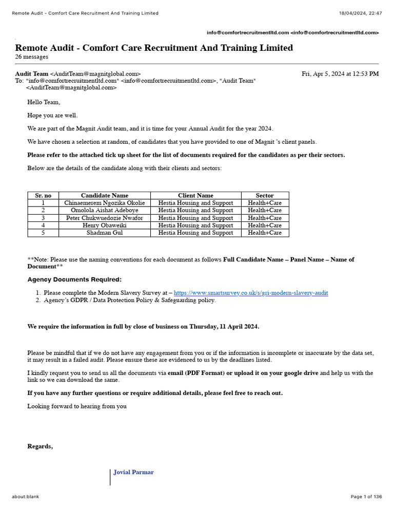 Remote Audit - Comfort Care Recruitment and Training Limited | PDF ...