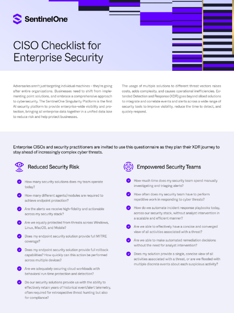 SentinelOne CISO Checklist For Enterprise Security | PDF