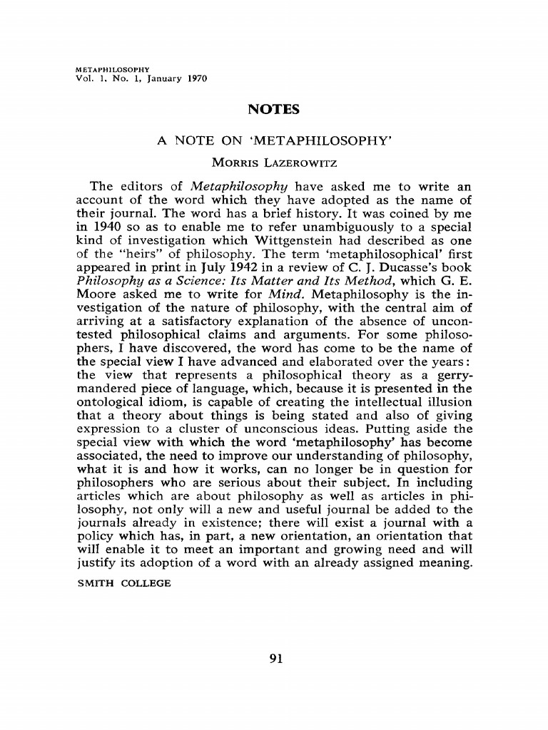 Lazerowitz - A Note On Metaphilosophy | PDF | Philosophy | Science ...
