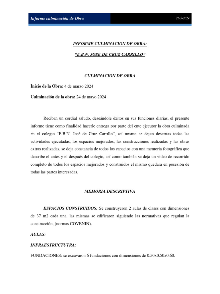 Informe Culminacion de Obra Colegio Los Jardines Del Valle | PDF ...