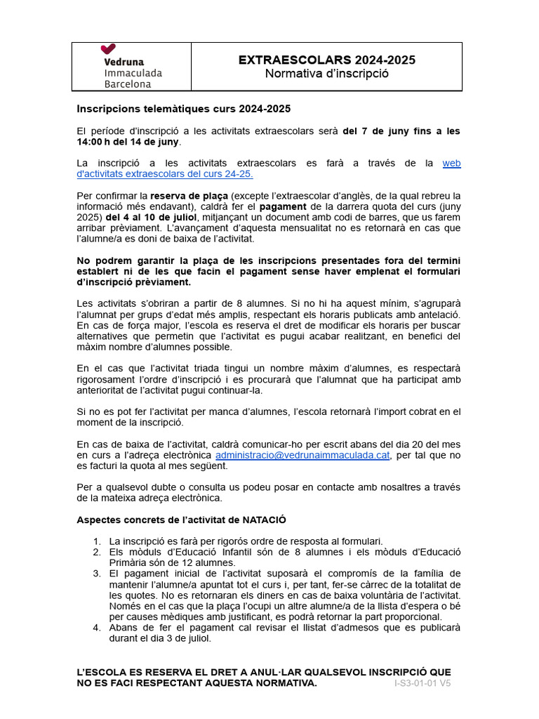 Normativa Inscripció Extraescolars 2024-2025 | PDF