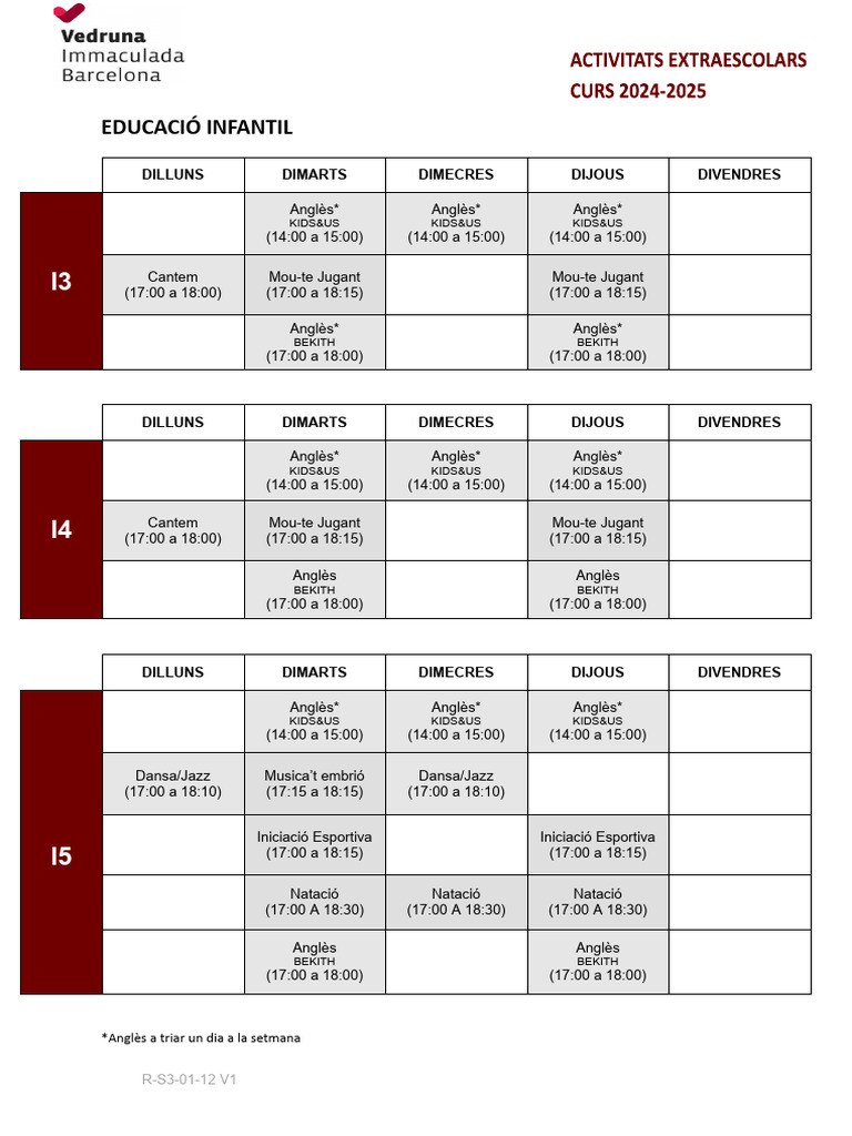 Quadre Extraescolars 2024-2025 | PDF