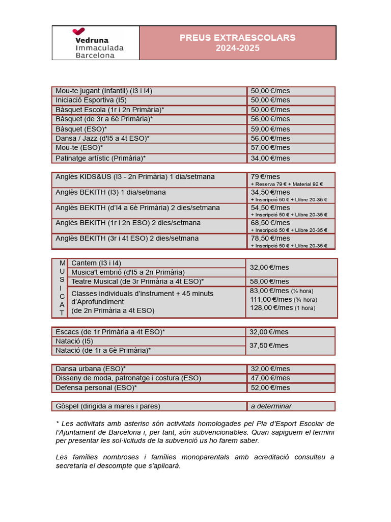 Preus Extraescolars 2024-2025 | PDF