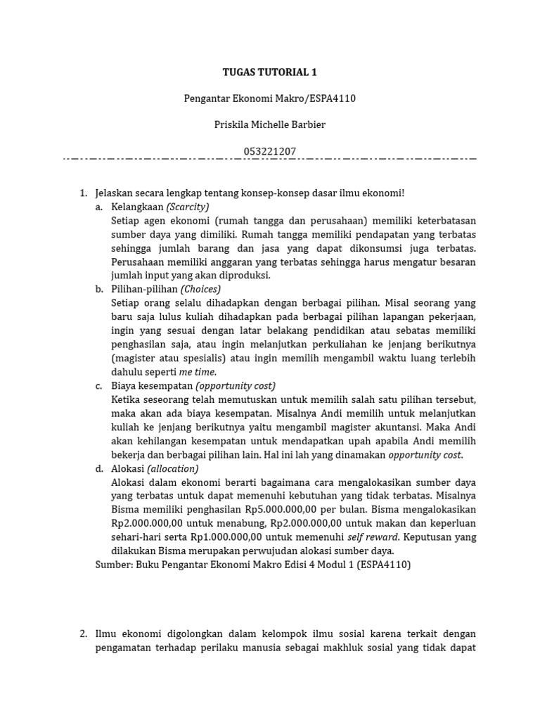 Tugas 1 - Priskila Michelle Barbier - 053221207 - Pengantar Ekonomi Makro - ESPA4110 | PDF