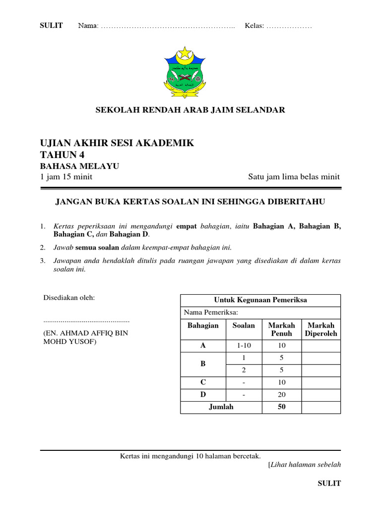 Contoh Kertas Soalan BM Uasa Tahun 4 | PDF
