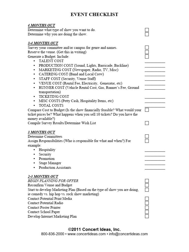EVENT CHECKLIST. 2011 Concert Ideas, Inc. 800-836-2000 www.concertideas ...