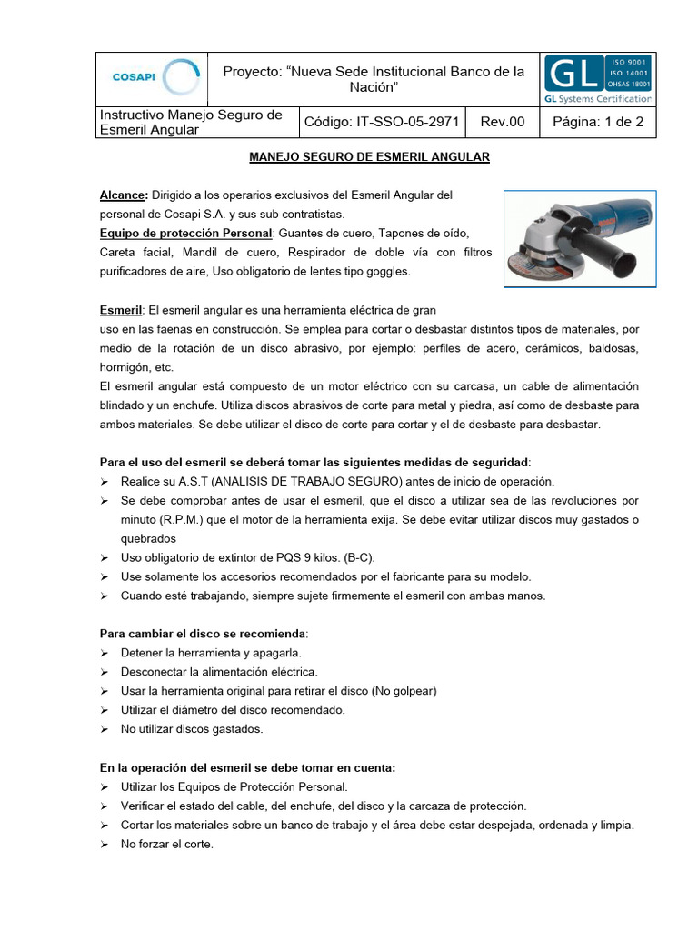 5 Instructivo Manejo Seguro de Esmeril Angular | PDF