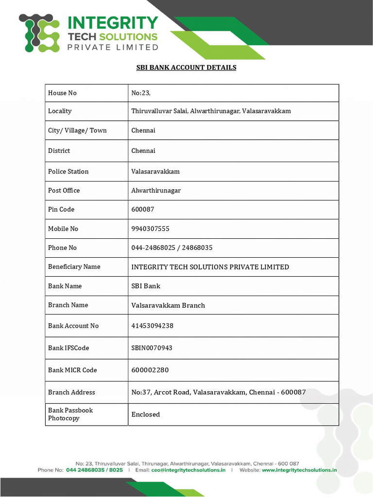 SBI Bank Account Details for Integrity Tech | PDF