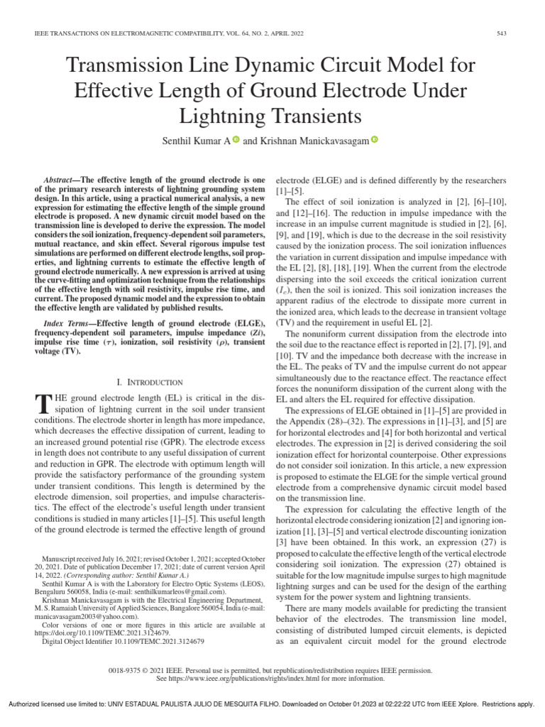 Transmission Line Dynamic Circuit Model For Effective Length of Ground Electrode Under Lightning ...