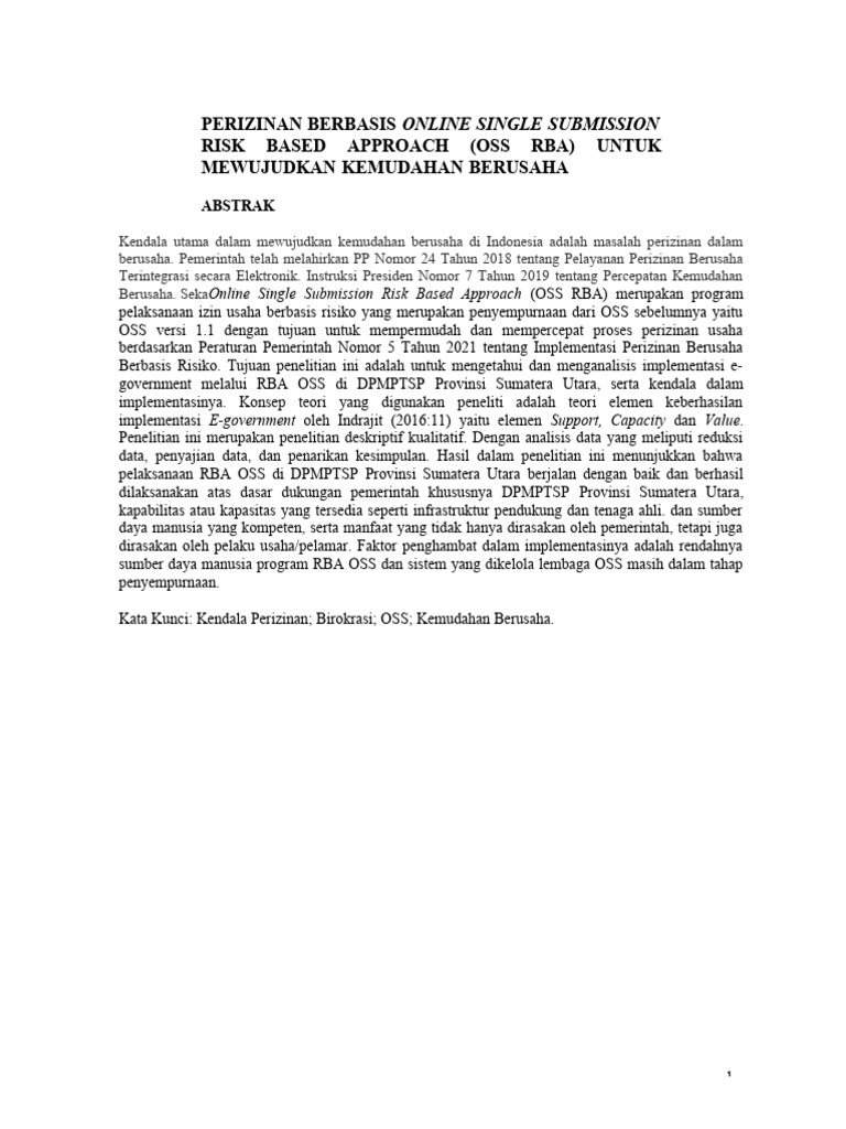 Perizinan Berbasis Online Single Submission Risk Based Approach (Oss ...