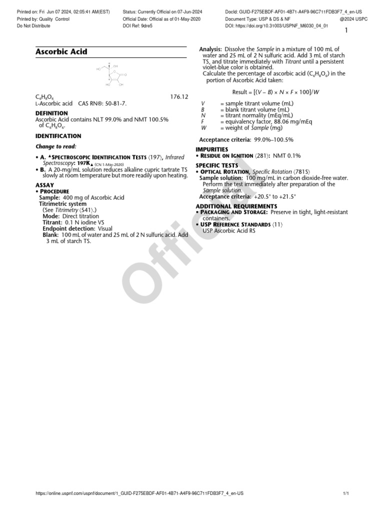 Ascorbic Acid - USP NF 2023 | PDF | Titration | Chemistry