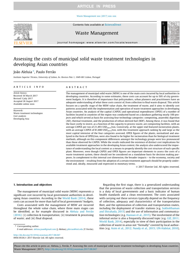 Assessing The Costs of Municipal Solid Waste Treatment Technologies in ...