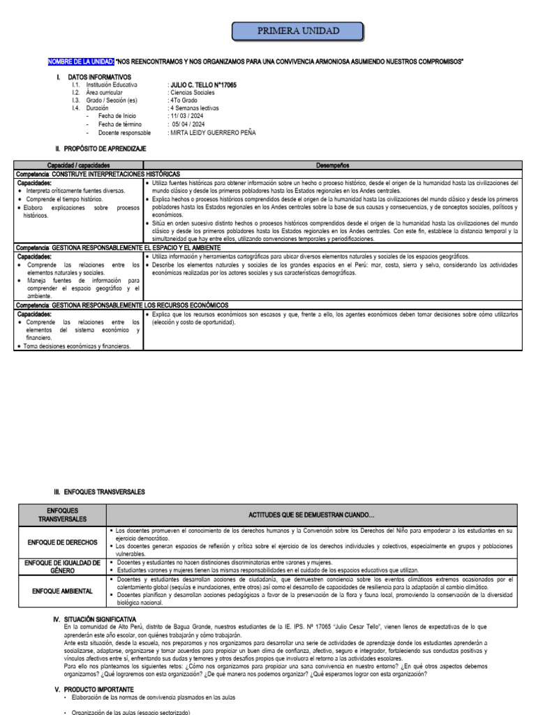 Unidad 1,2,3,4 Cuarto Grado Ccss | PDF | Perú | Empoderamiento