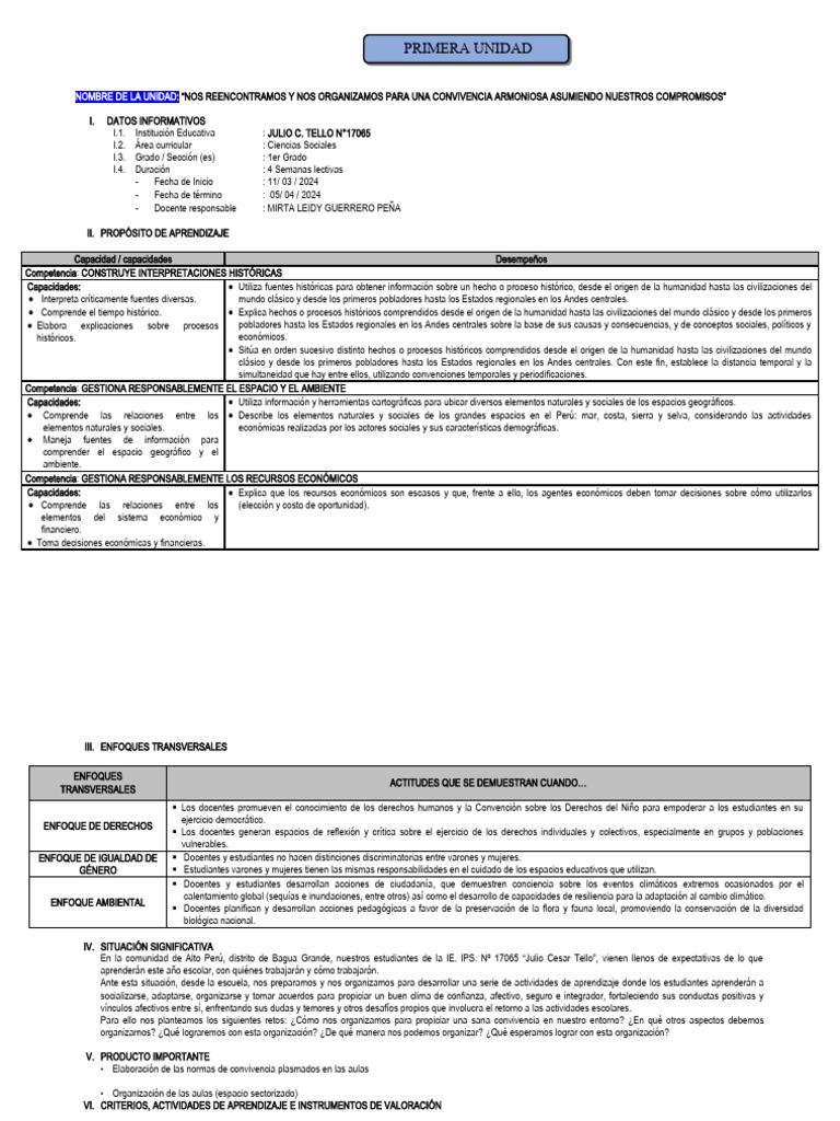 Unidad 1,2,3,4 Primer Grado Ccss | PDF | Perú | Aprendizaje