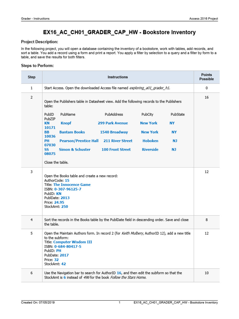 EX16_AC_CH01_GRADER_CAP_HW_Instructions | PDF | Databases | Computer Data