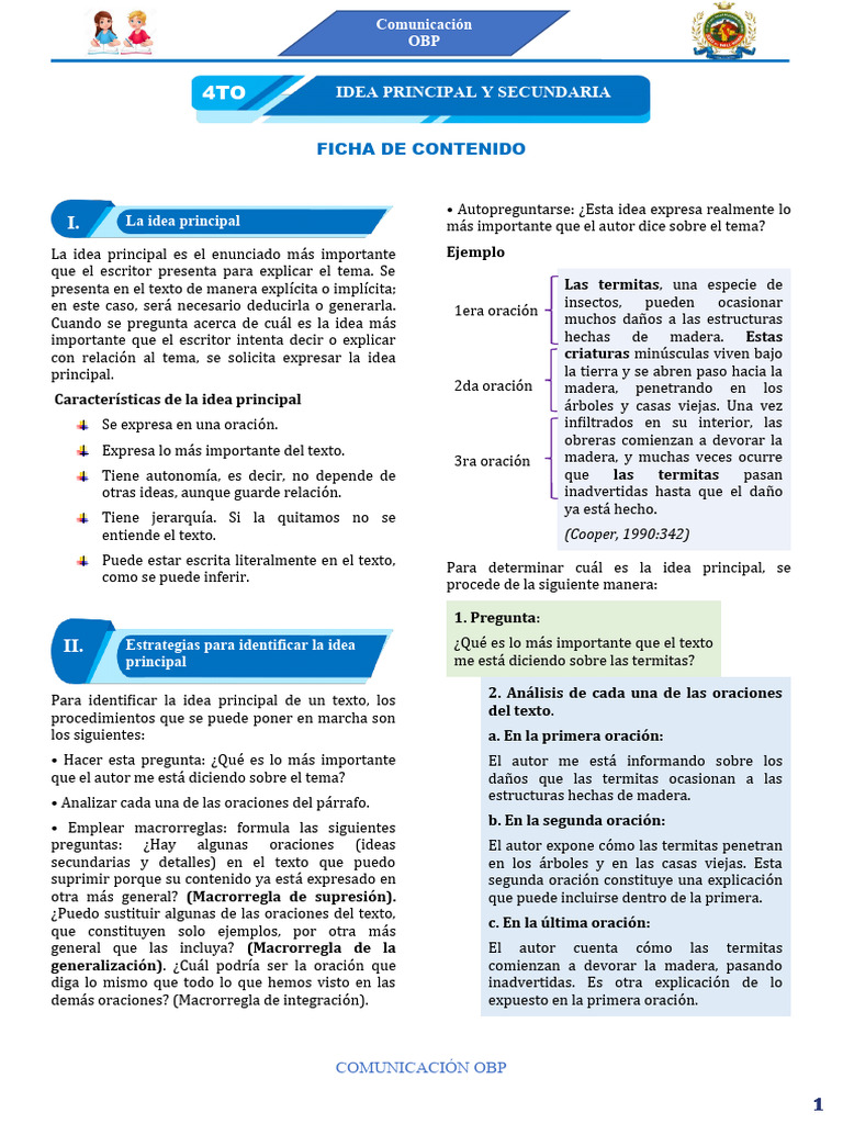COM 4to - UdA 03 - 1 Ficha de Contenido Idea Principal y Secundaria | PDF