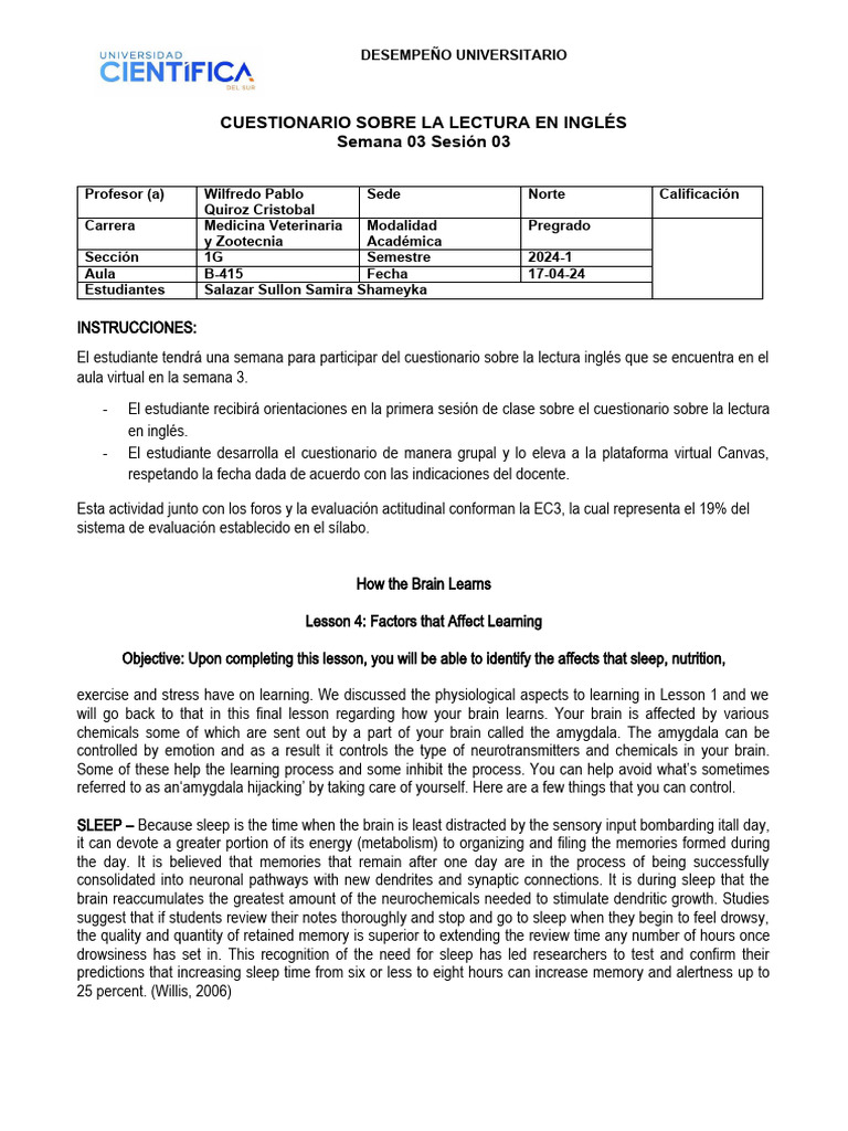 Salazar Sullon Samira Ingles | PDF | Memory | Sleep