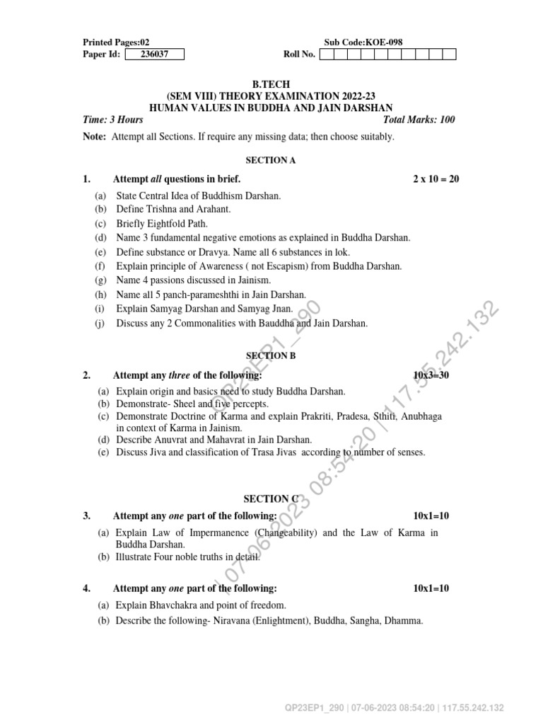 Btech Oe 8 Sem Human Values in Buddha and Jain Darshan Koe 098 2023 ...
