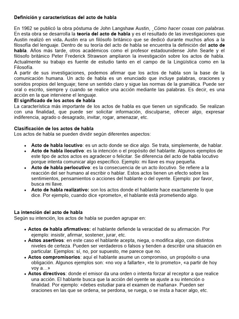 Definición y Características Del Acto de Habla | PDF | Habla | Lingüística