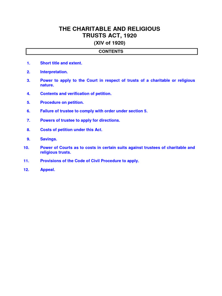 Charitable and Religious Trusts Act 1920 PDF | PDF | Lawsuit | Trustee
