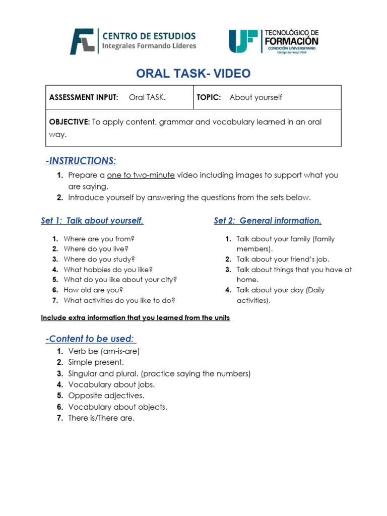 Oral TASK - English I - A1 | PDF