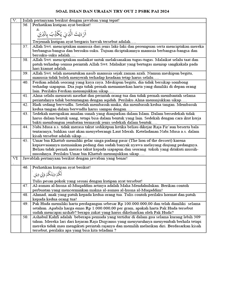 Soal Isian Dan Uraian Try Out 2 PSBK Pai 2024 | PDF | Agama & Spiritualitas