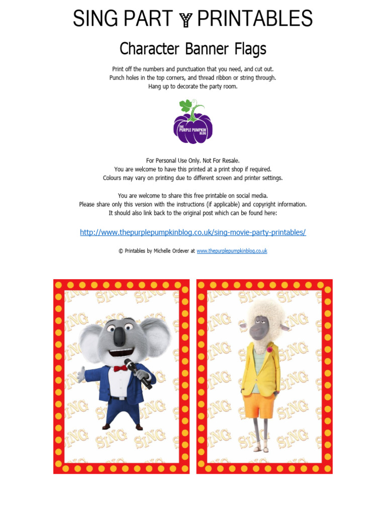 free-printable-sing-movie-party-character-banner-flags | PDF