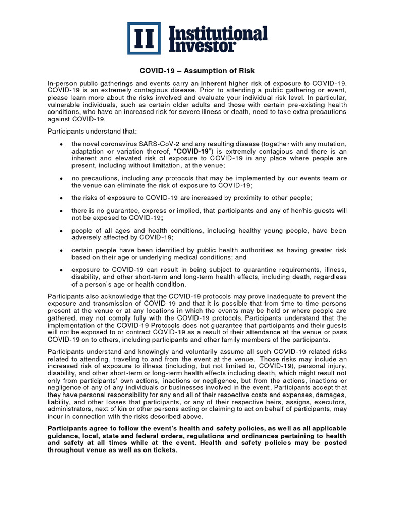 COVID 19 Assumption of Risk | PDF | Risk | Safety