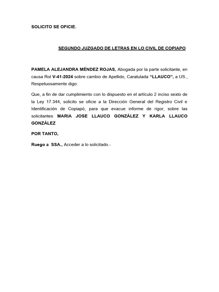 Solicita Oficio Registro Civil | PDF | Derecho